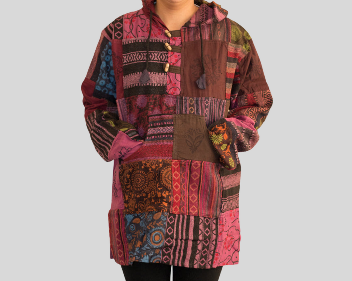 Buy Cotton Patched hippie style hooded jumper online | Karma Craft